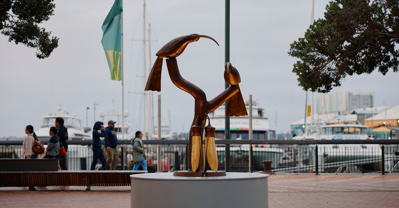 A striking work by Paul Dibble is on display at Viaduct Harbour